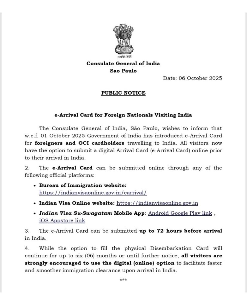 India Launches e-Arrival Card for Foreign Travellers from October 1 ...